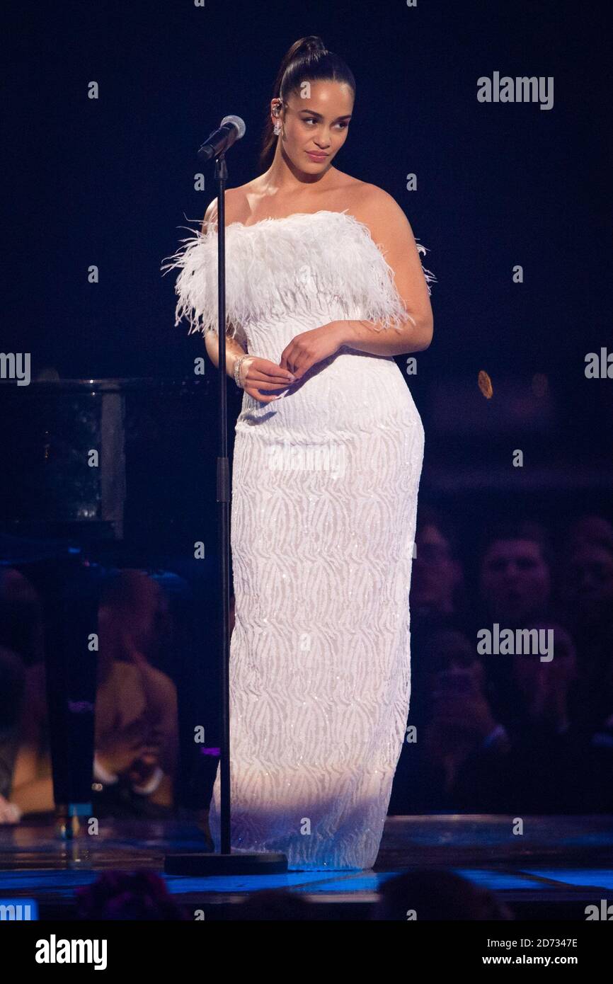 Jorja Smith on stage at the Brit Awards 2019 at the O2 Arena, London ...
