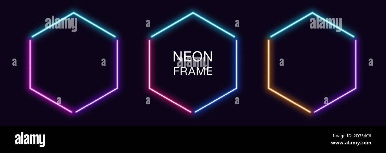 Neon hexagon Frame. Set of hexagonal neon Border in 3 angular parts ...