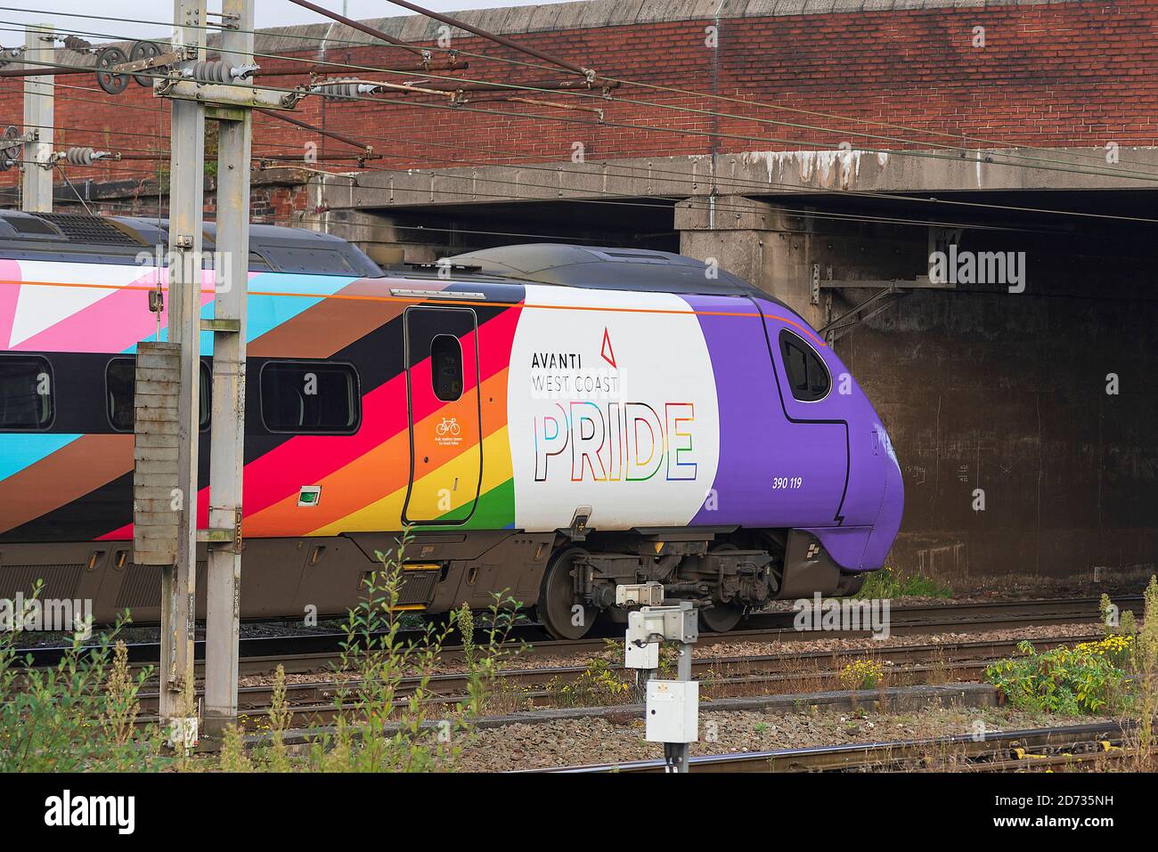 Avanti Pride Pendolino train on the West Coast Main Line. Multicoloured ...