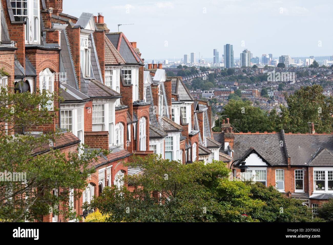 General view of Victorian housing and the London skyline in Muswell ...