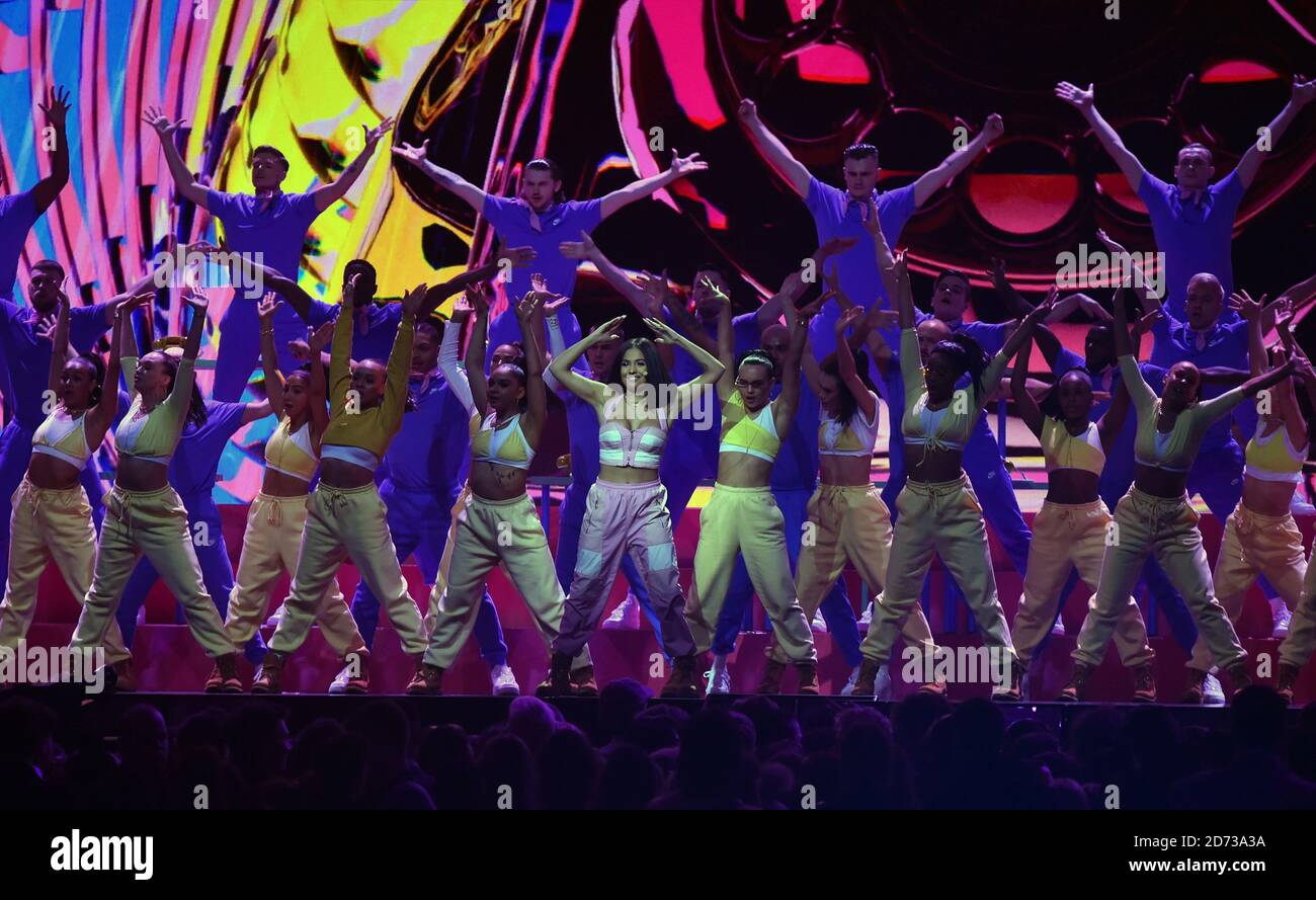 Mabel on stage at the Brit Awards 2020 at the O2 Arena, London Stock ...