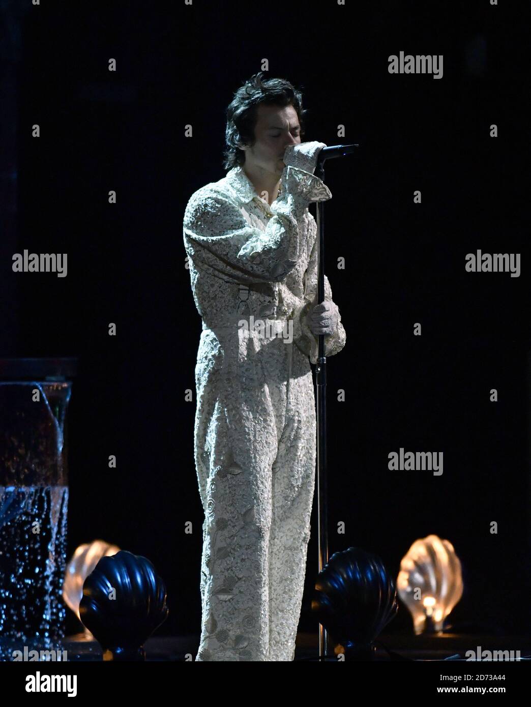 Harry Styles on stage at the Brit Awards 2020 at the O2 Arena, London ...