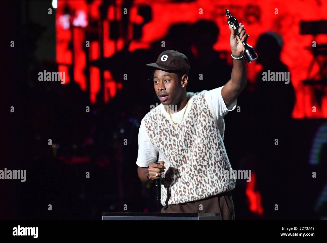 Tyler, the Creator on stage at the Brit Awards 2020 at the O2 Arena ...