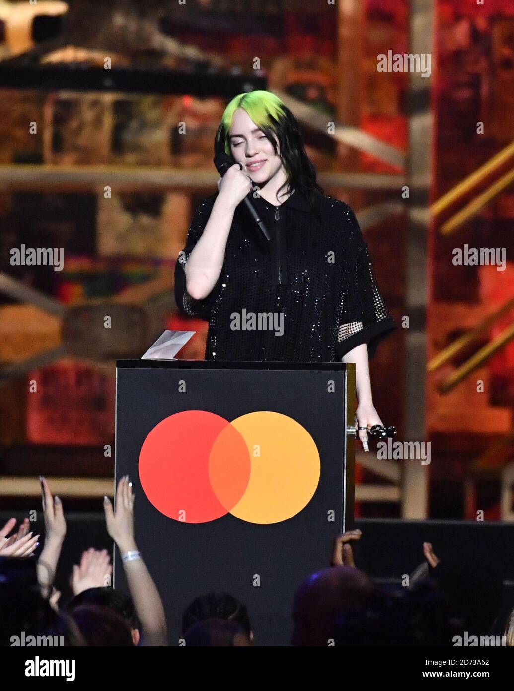 Billie Eilish on stage at the Brit Awards 2020 at the O2 Arena, London ...