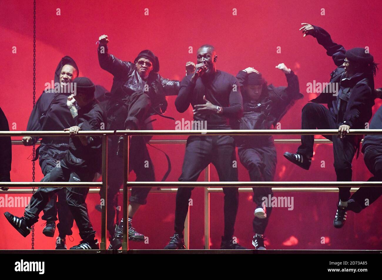 Stormzy on stage at the Brit Awards 2020, at the O2 Arena, London ...