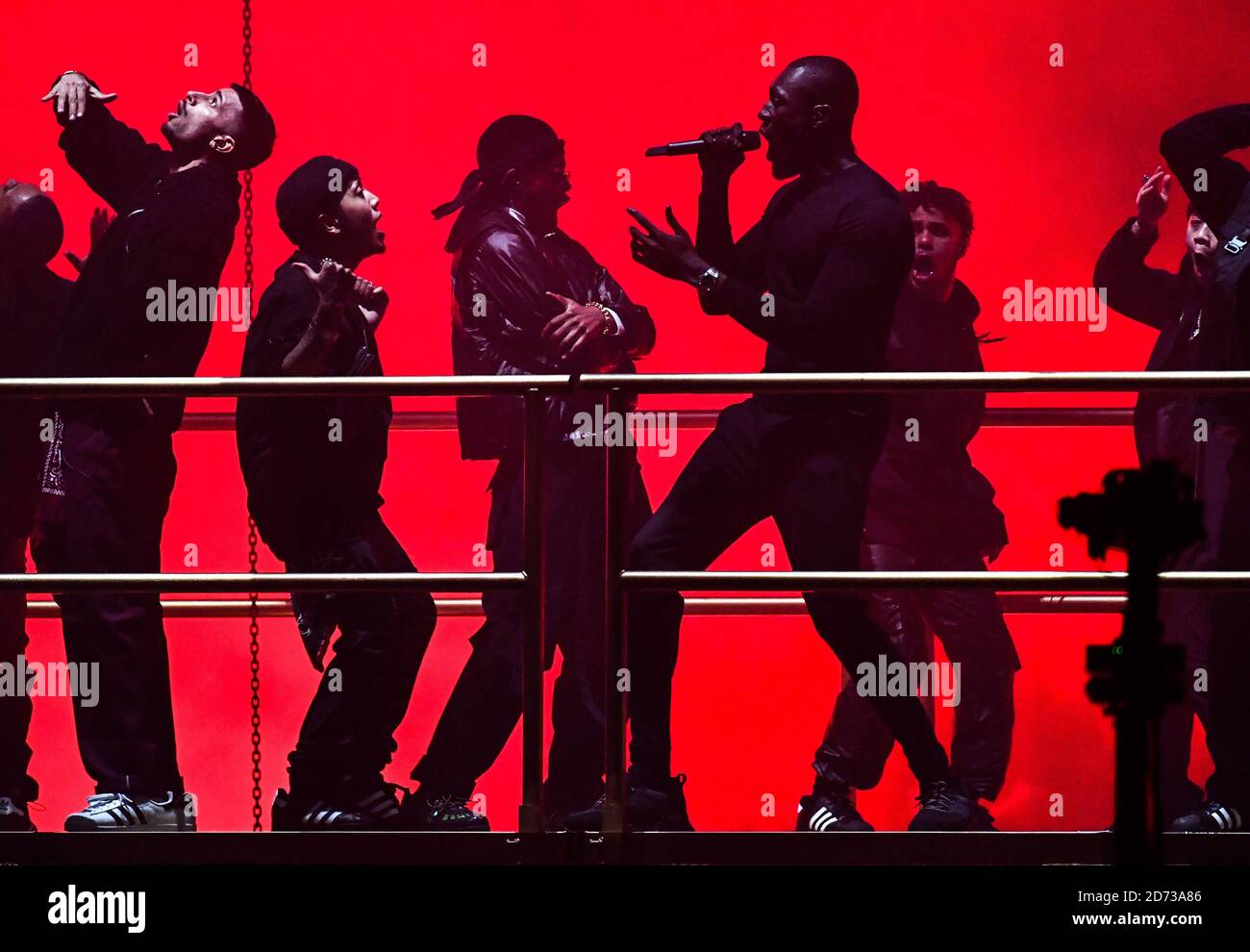 Stormzy on stage at the Brit Awards 2020, at the O2 Arena, London ...
