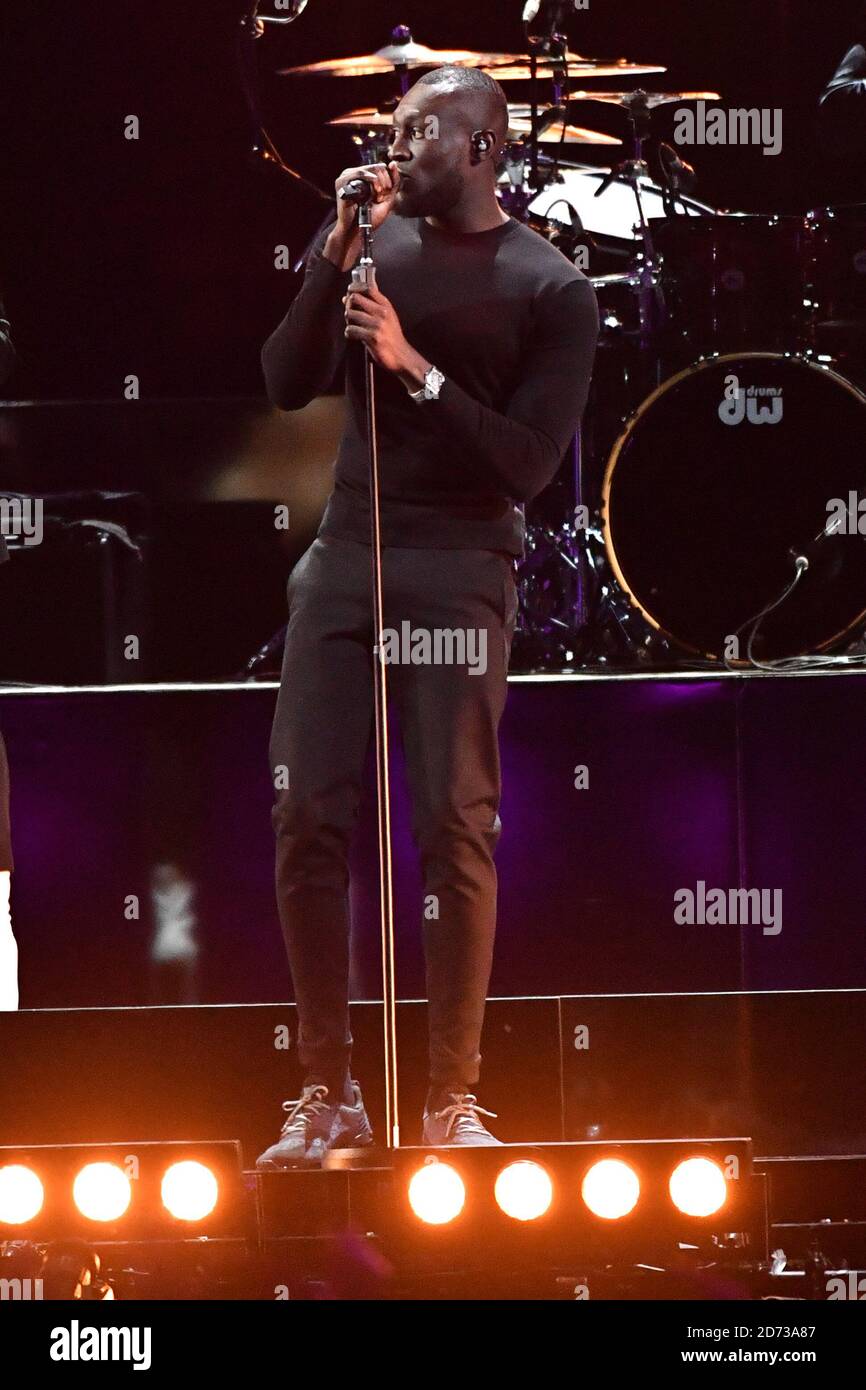 Stormzy on stage at the Brit Awards 2020, at the O2 Arena, London ...