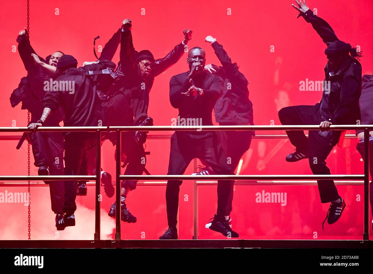 Stormzy on stage at the Brit Awards 2020, at the O2 Arena, London ...