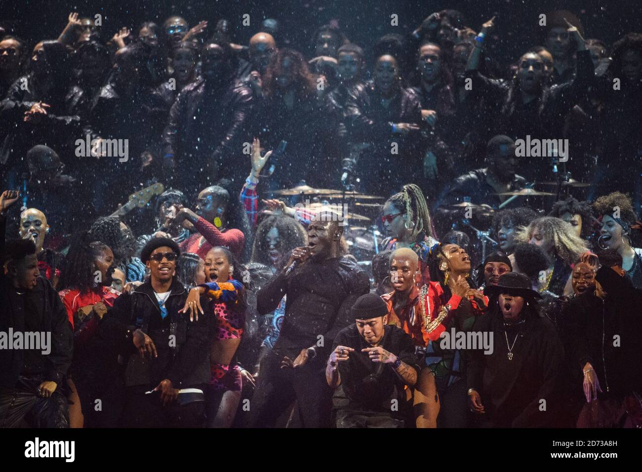 Stormzy on stage at the Brit Awards 2020, at the O2 Arena, London ...