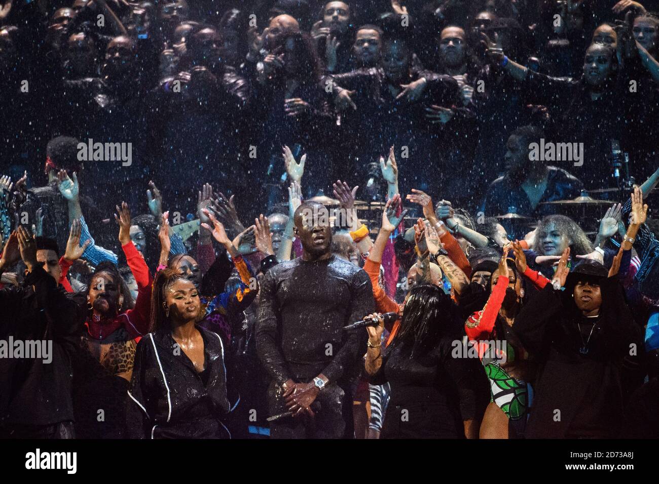 Stormzy on stage at the Brit Awards 2020, at the O2 Arena, London ...