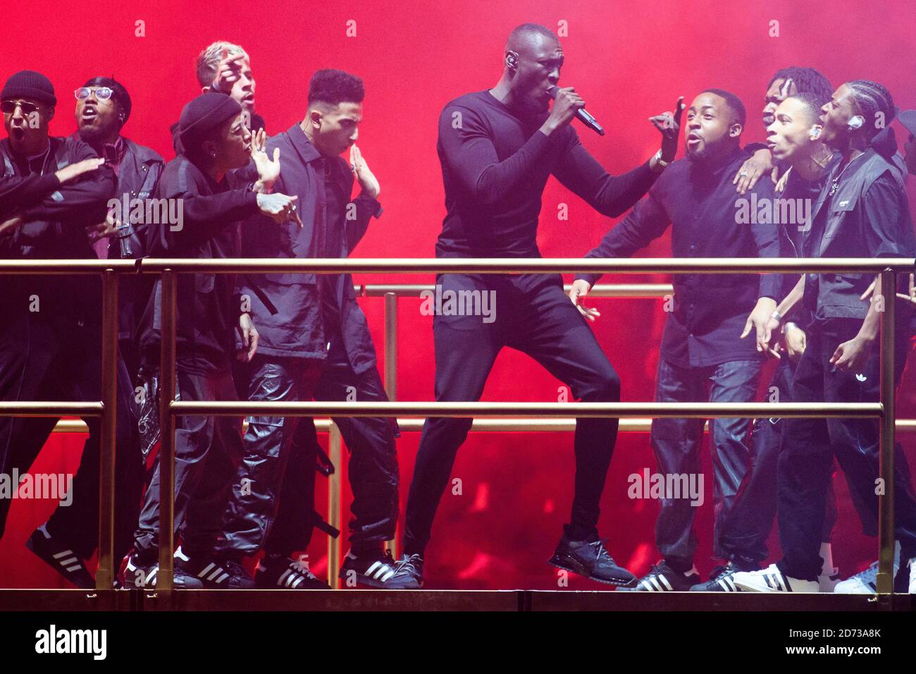Stormzy on stage at the Brit Awards 2020, at the O2 Arena, London ...
