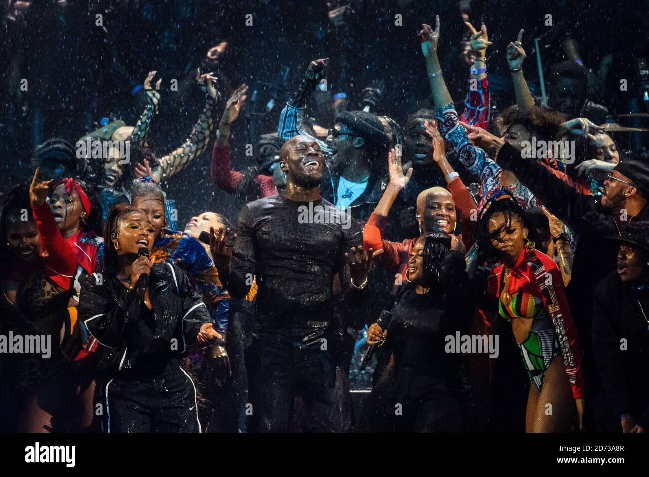 Stormzy on stage at the Brit Awards 2020, at the O2 Arena, London ...