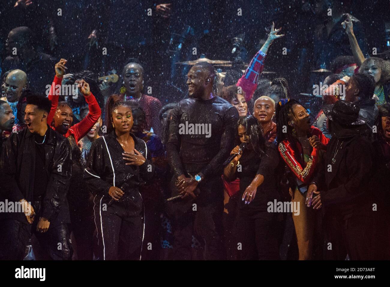 Stormzy on stage at the Brit Awards 2020, at the O2 Arena, London ...