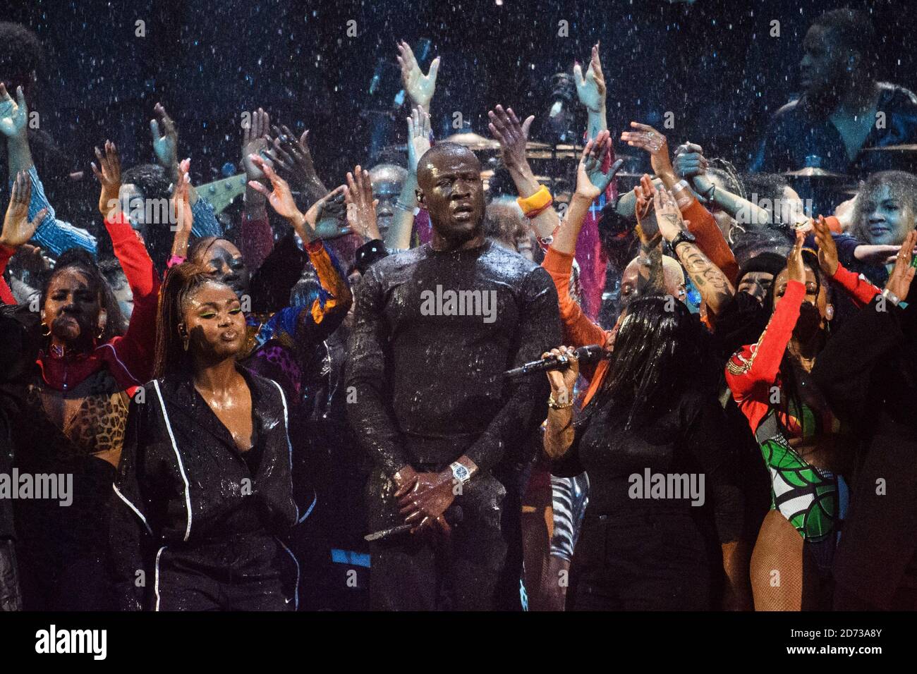 Stormzy on stage at the Brit Awards 2020, at the O2 Arena, London ...
