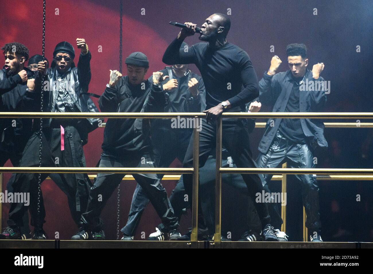 Stormzy on stage at the Brit Awards 2020, at the O2 Arena, London ...