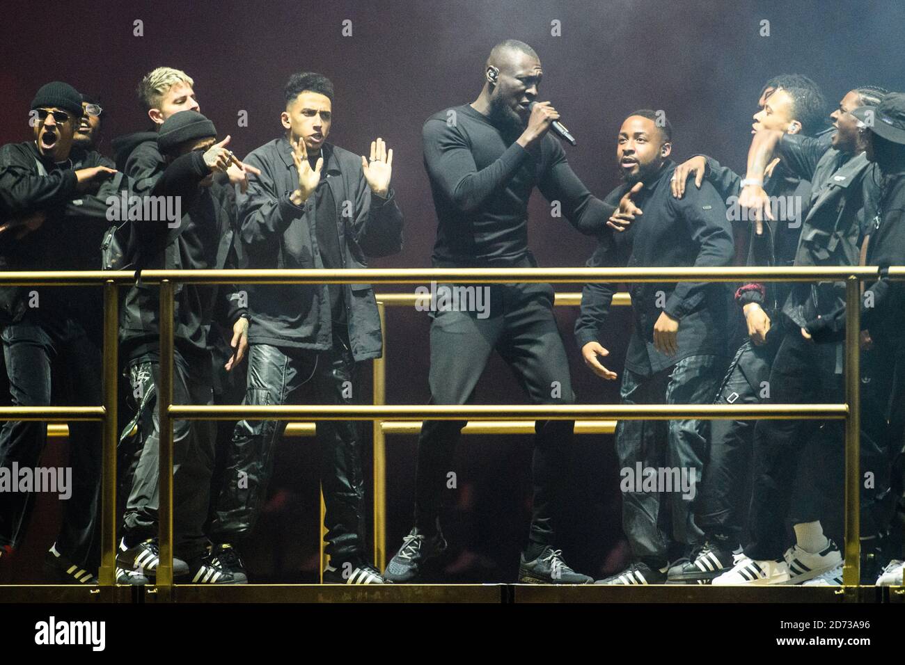 Stormzy on stage at the Brit Awards 2020, at the O2 Arena, London ...