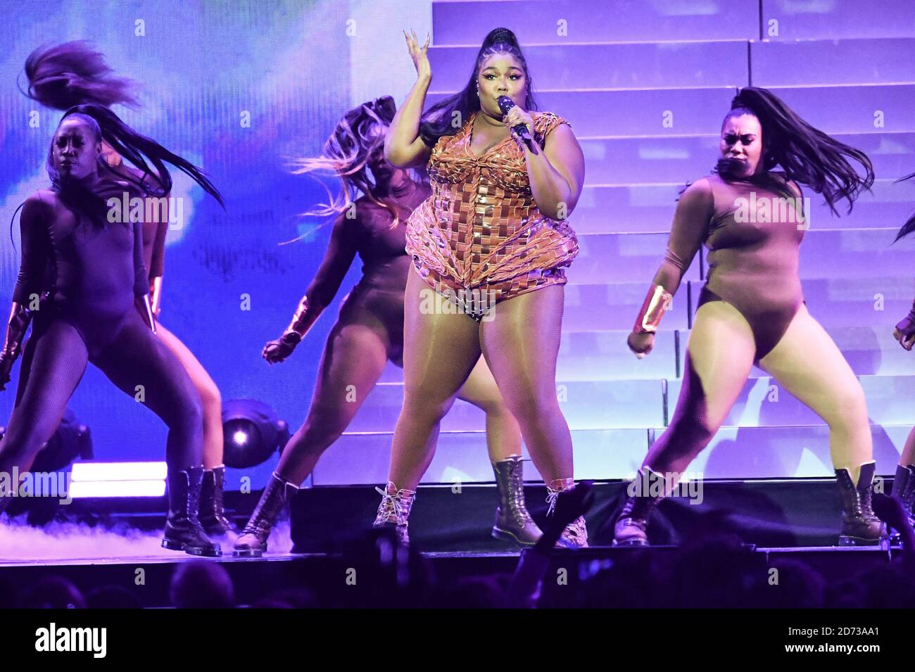 Lizzo on stage at the Brit Awards 2020, at the O2 Arena, London. Picture date: Tuesday 18 ...