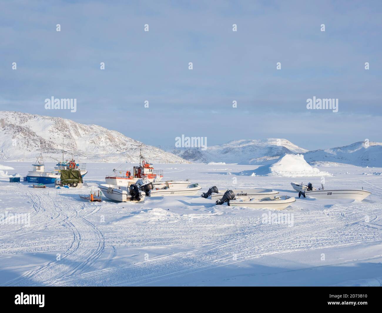 The fishing village Ikerasak during winter in the Uummannaq fjordsystem ...