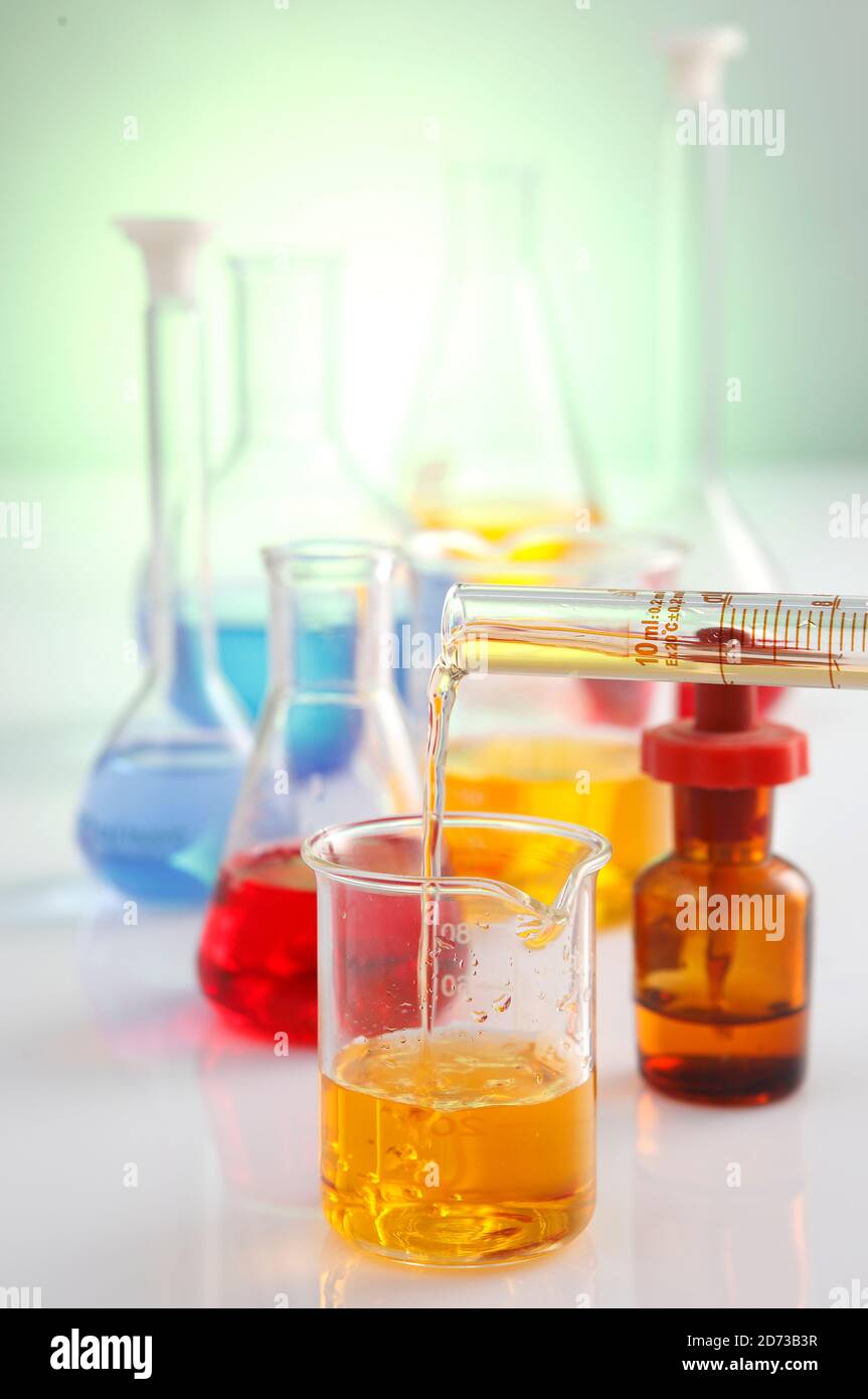 Chemical laboratory flask with liquid Stock Photo - Alamy