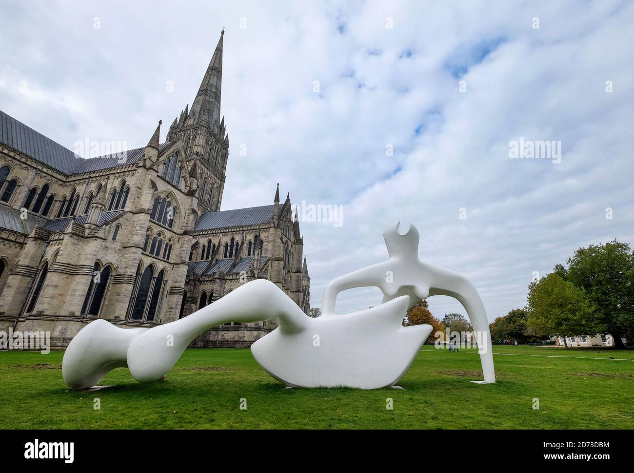 Large Reclining Figure sculpture by artist Henry Moore on display outside Salisbury Cathedral ...