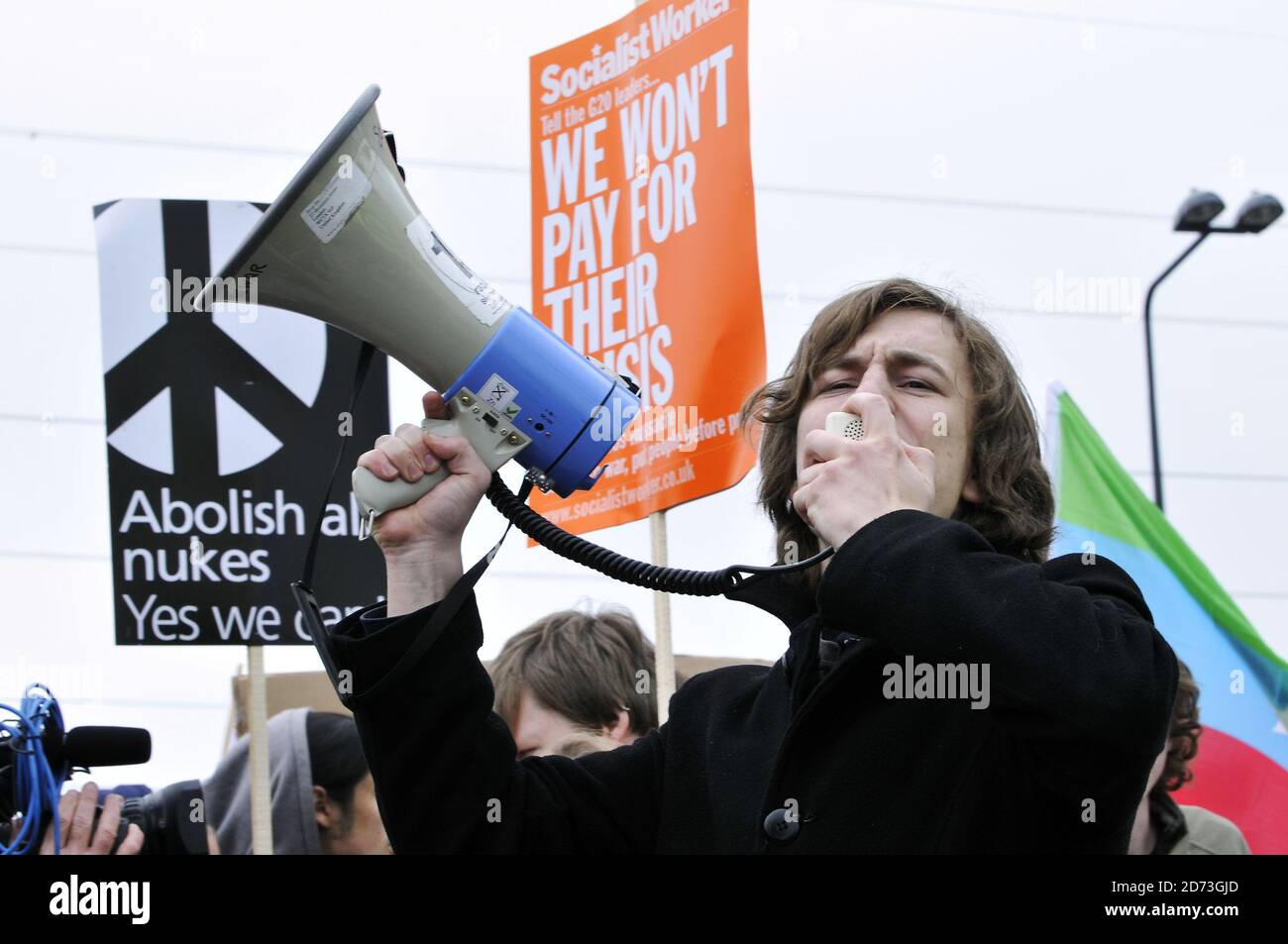 Demonstrators protest at the Excel Centre in East London, on the day of ...