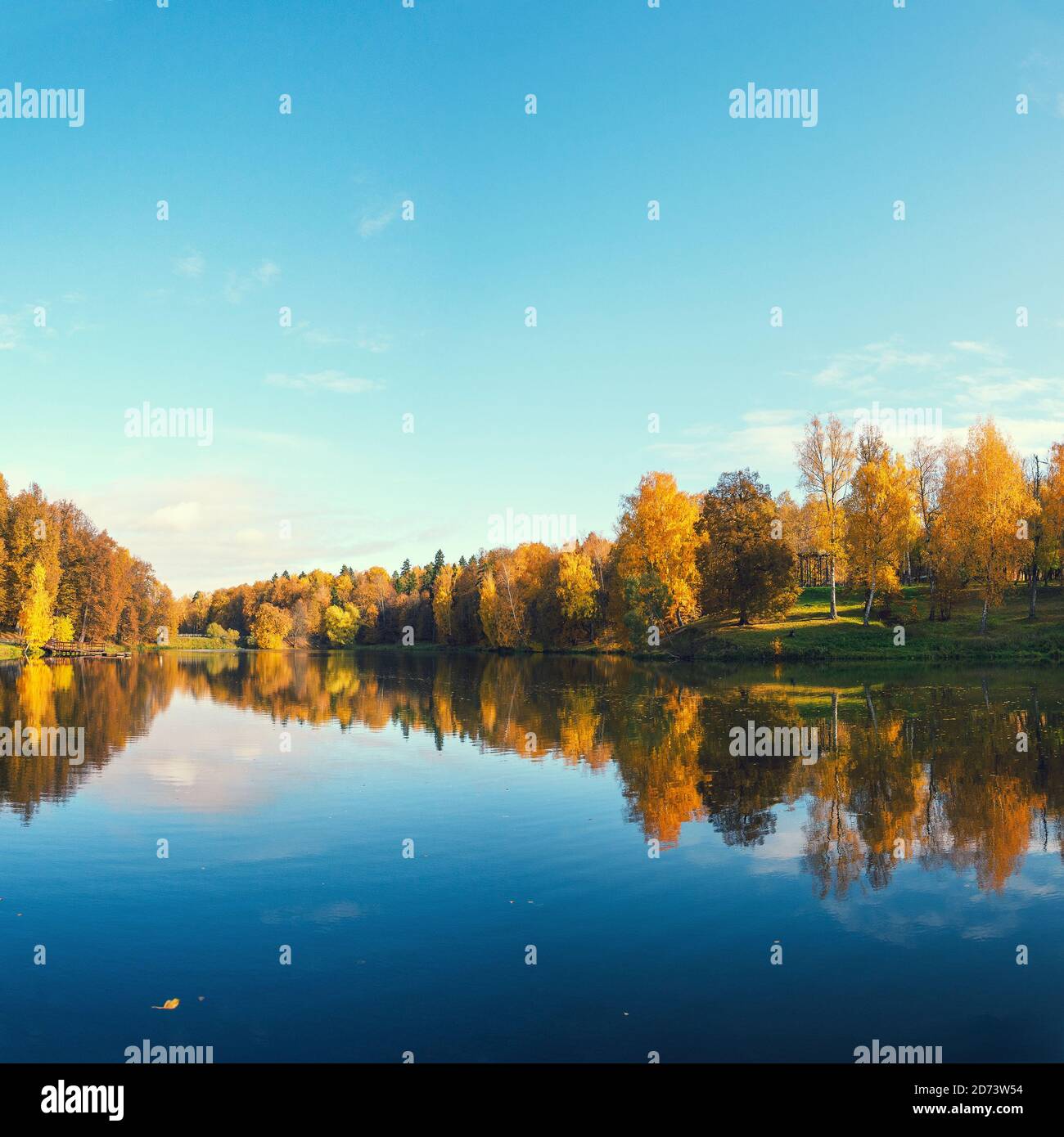 Beautiful sunny autumn landscape with calm lake in park and trees with ...
