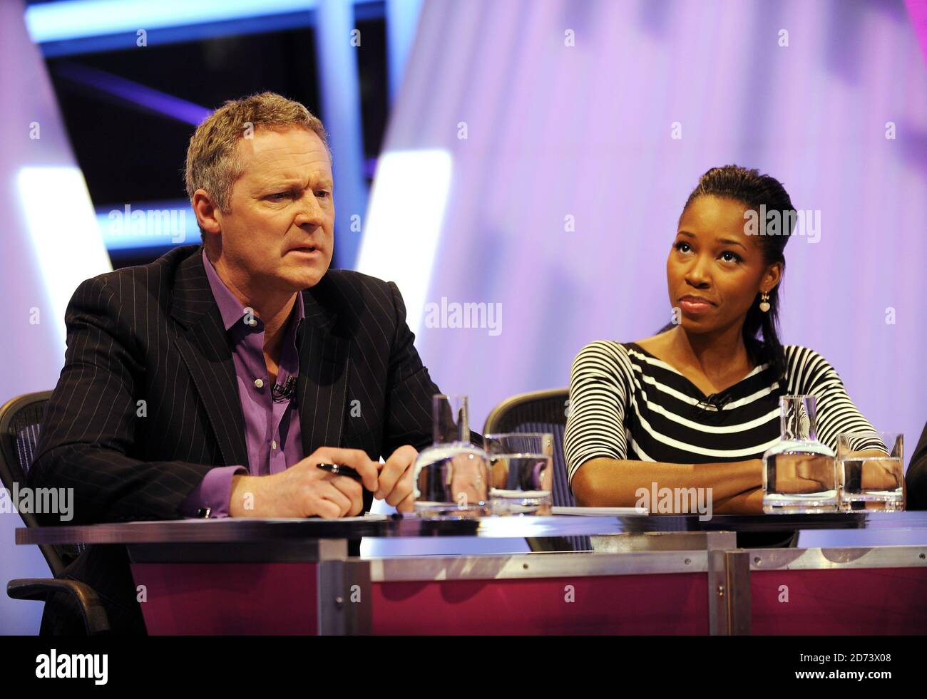 Panelists Rory Bremner and Jamelia pictured during the filming of First ...