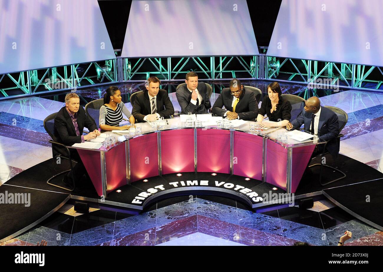 The panel (l-r Rory Bremner, Jamelia, Jeremy Hunt MP, Dermot O'Leary ...