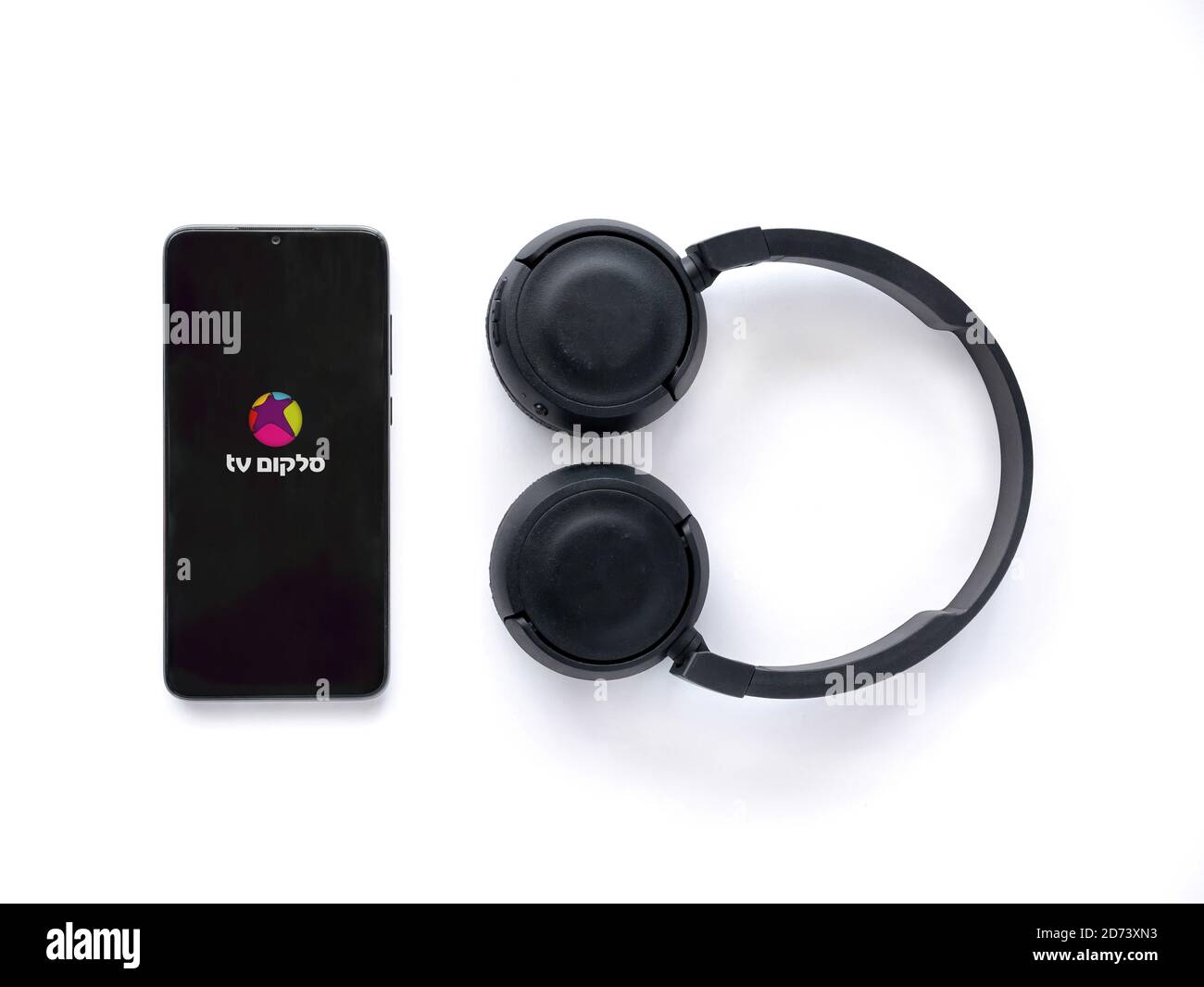 Lod, Israel - July 8, 2020: Black mobile smartphone with Cellcom TV app ...