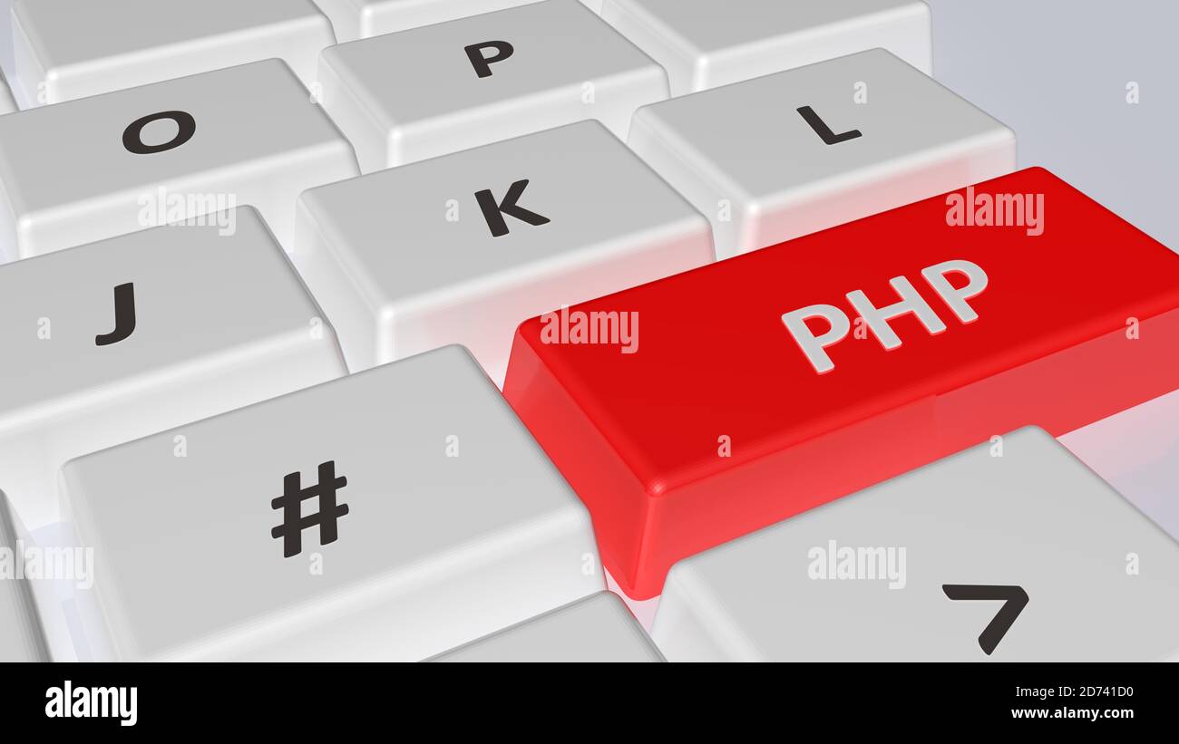 PHP on rek key of a white computer keyboard - 3D rendering illustration ...