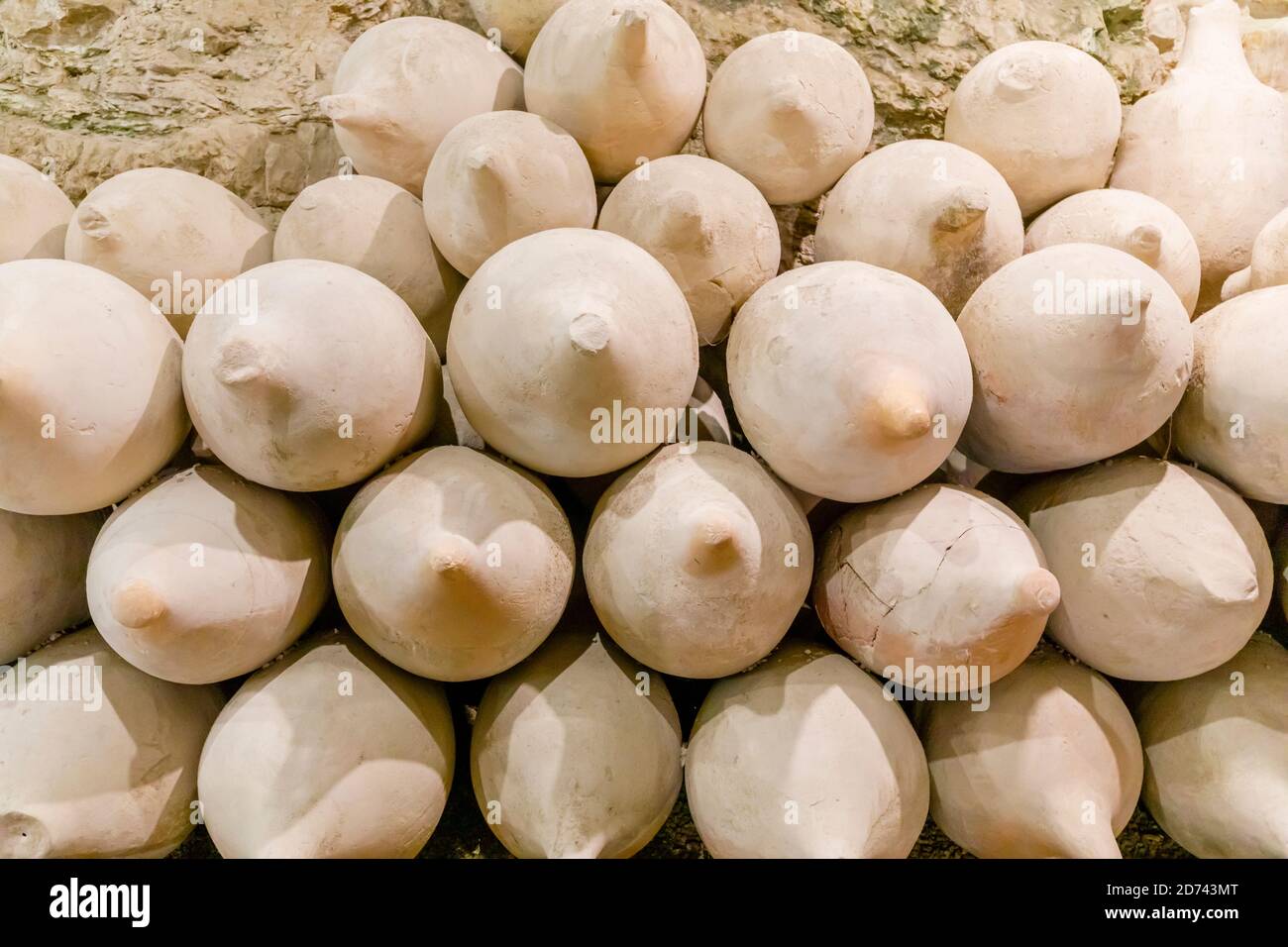 A pile of ceramic amphoras (storage jars), exhibits in the underground ...