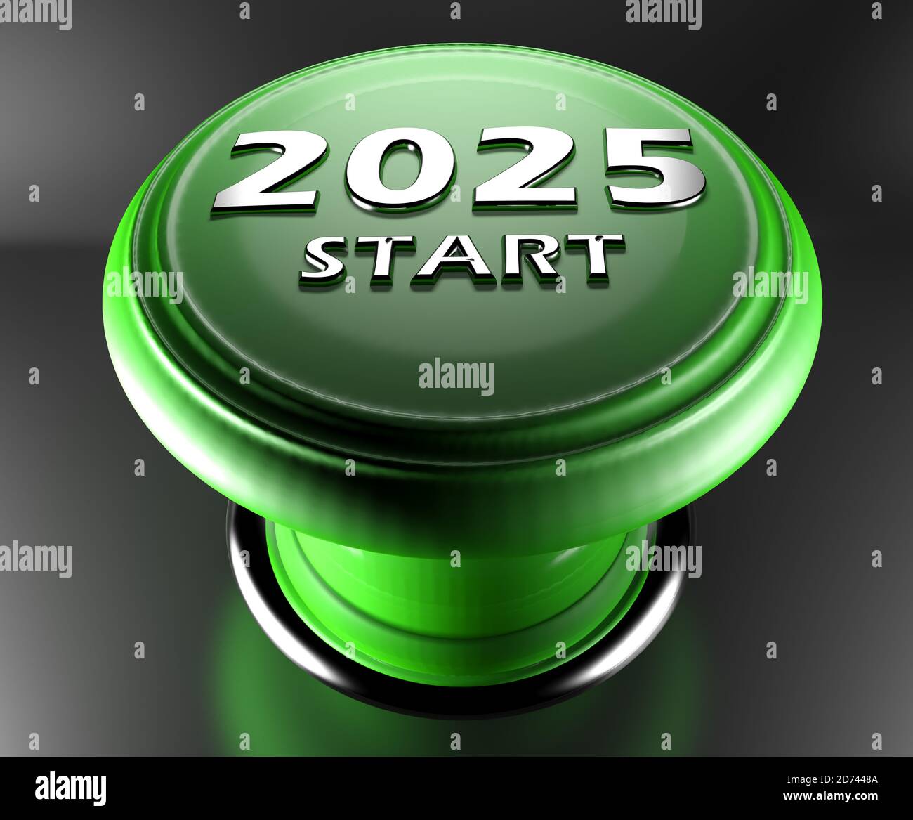 2025 START green push button on black background - 3D rendering ...