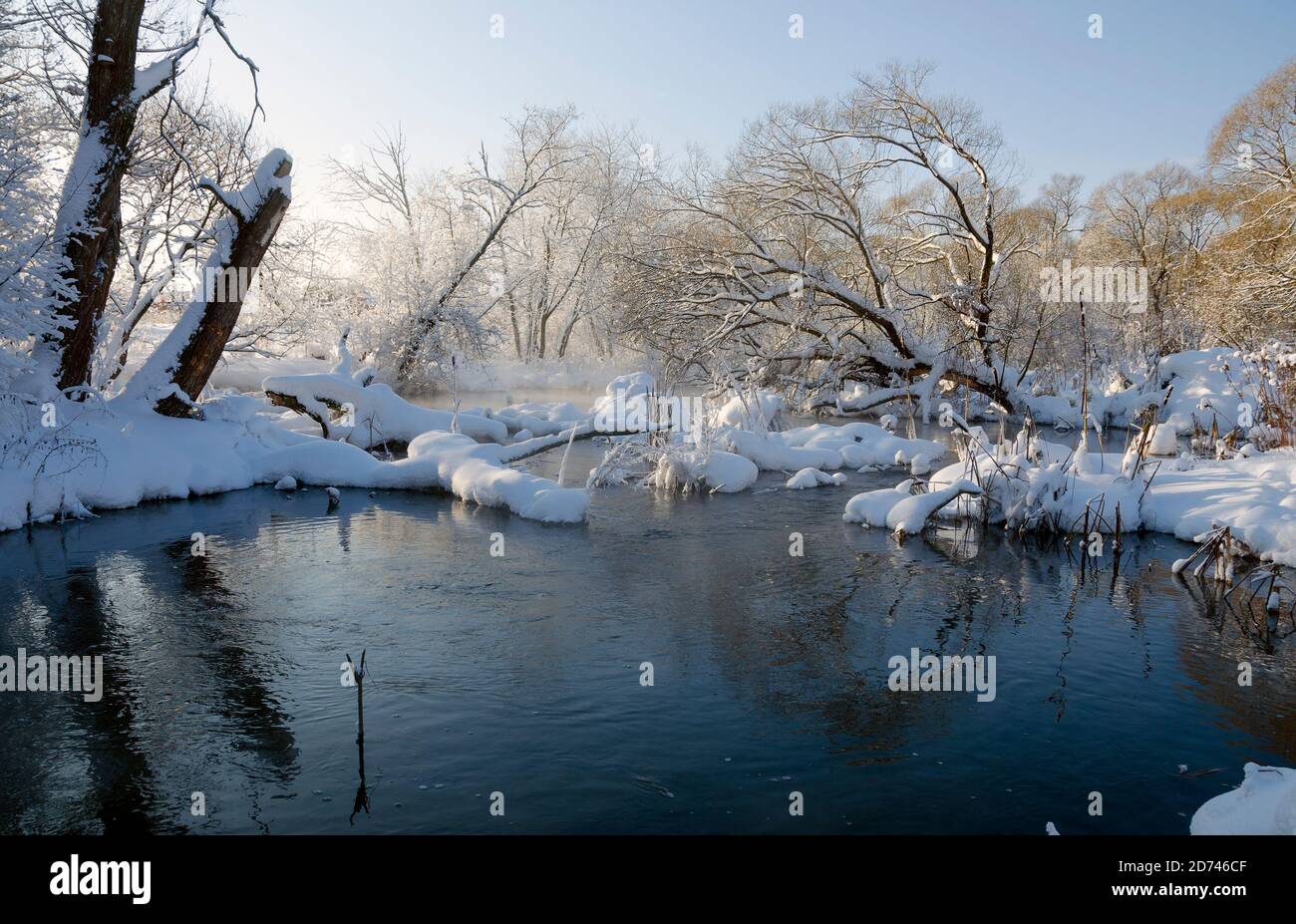 Frosty winter scene with flowing forest river on a sunny morning Stock ...