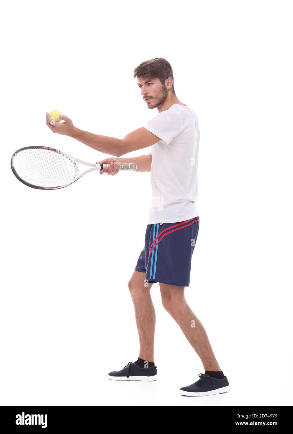 side view.smiling man with tennis racket Stock Photo - Alamy