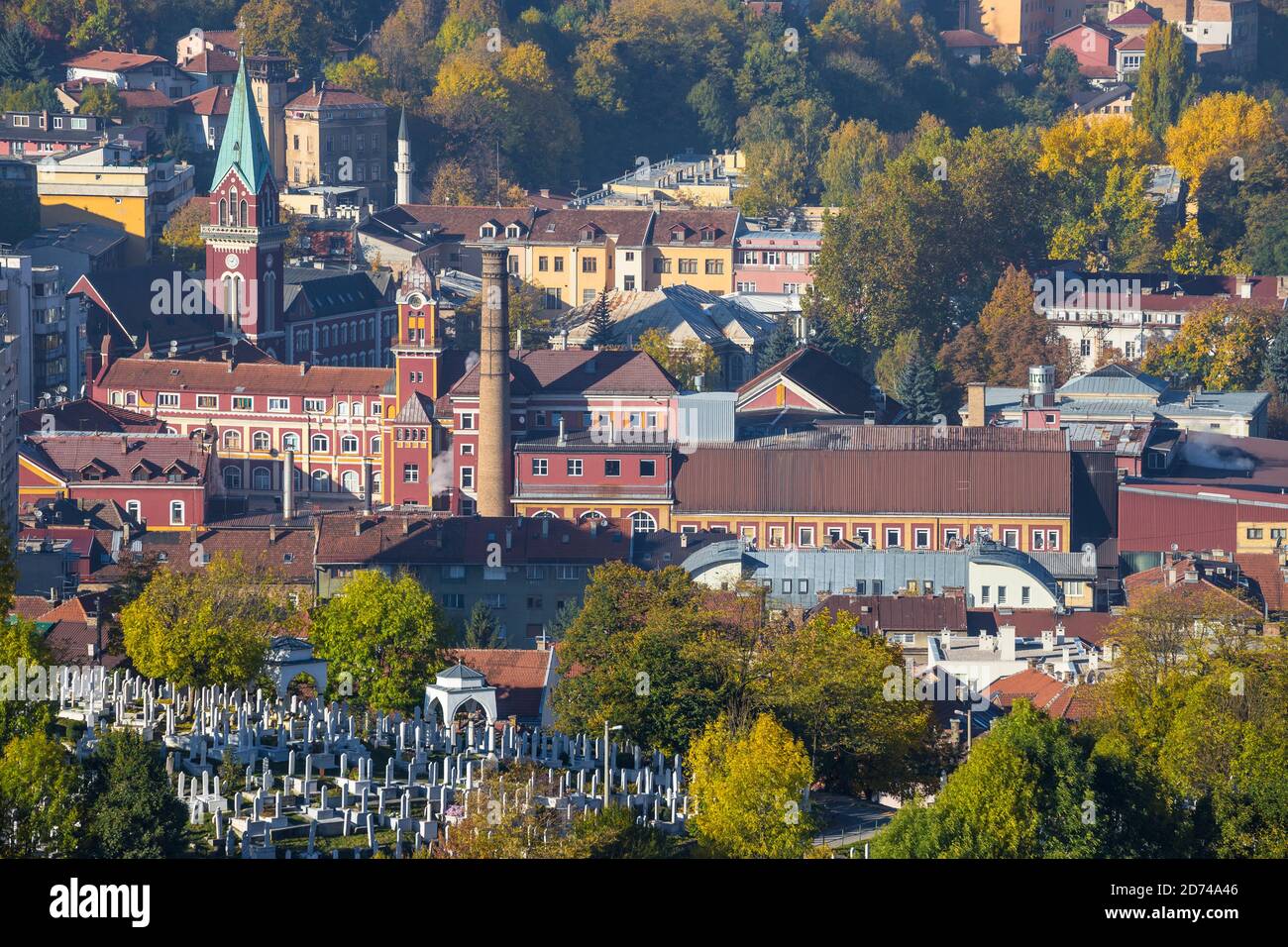 Bosnia and Herzegovina, Sarajevo, City, View over Alifakovac graveyard ...