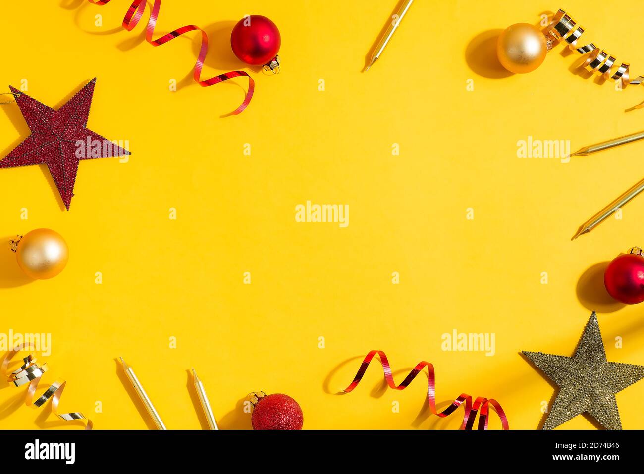 Christmas festive frame from colorful and different shiny decoration ...