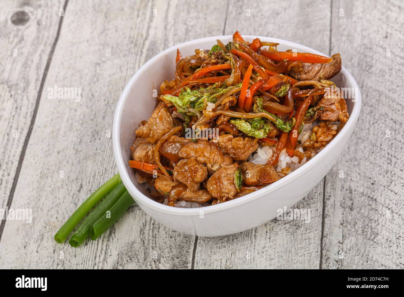Asian cuisine - Steamed rice with pork in oyster sauce Stock Photo - Alamy