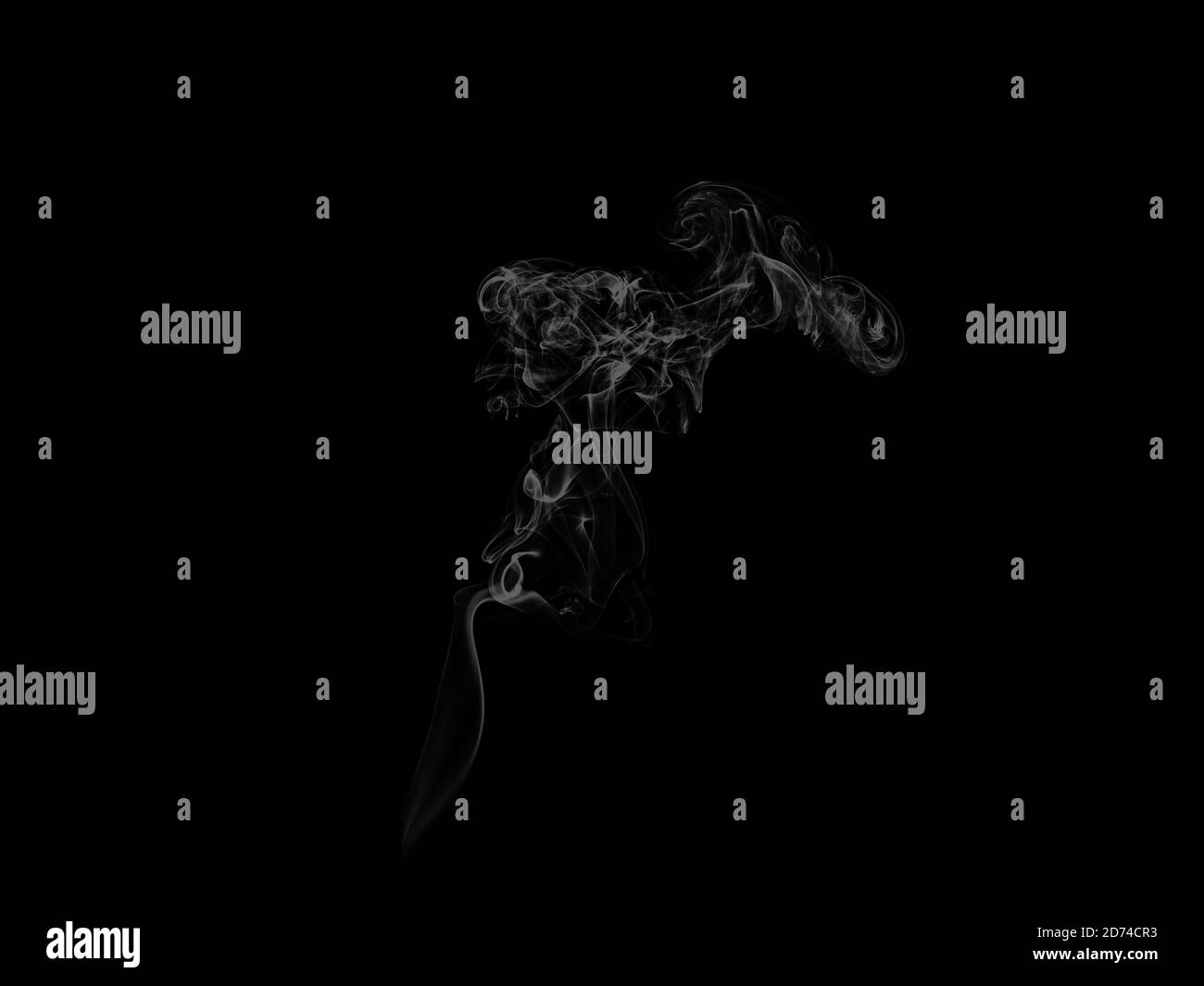 Abstract white puffs of smoke swirls overlay on black background ...