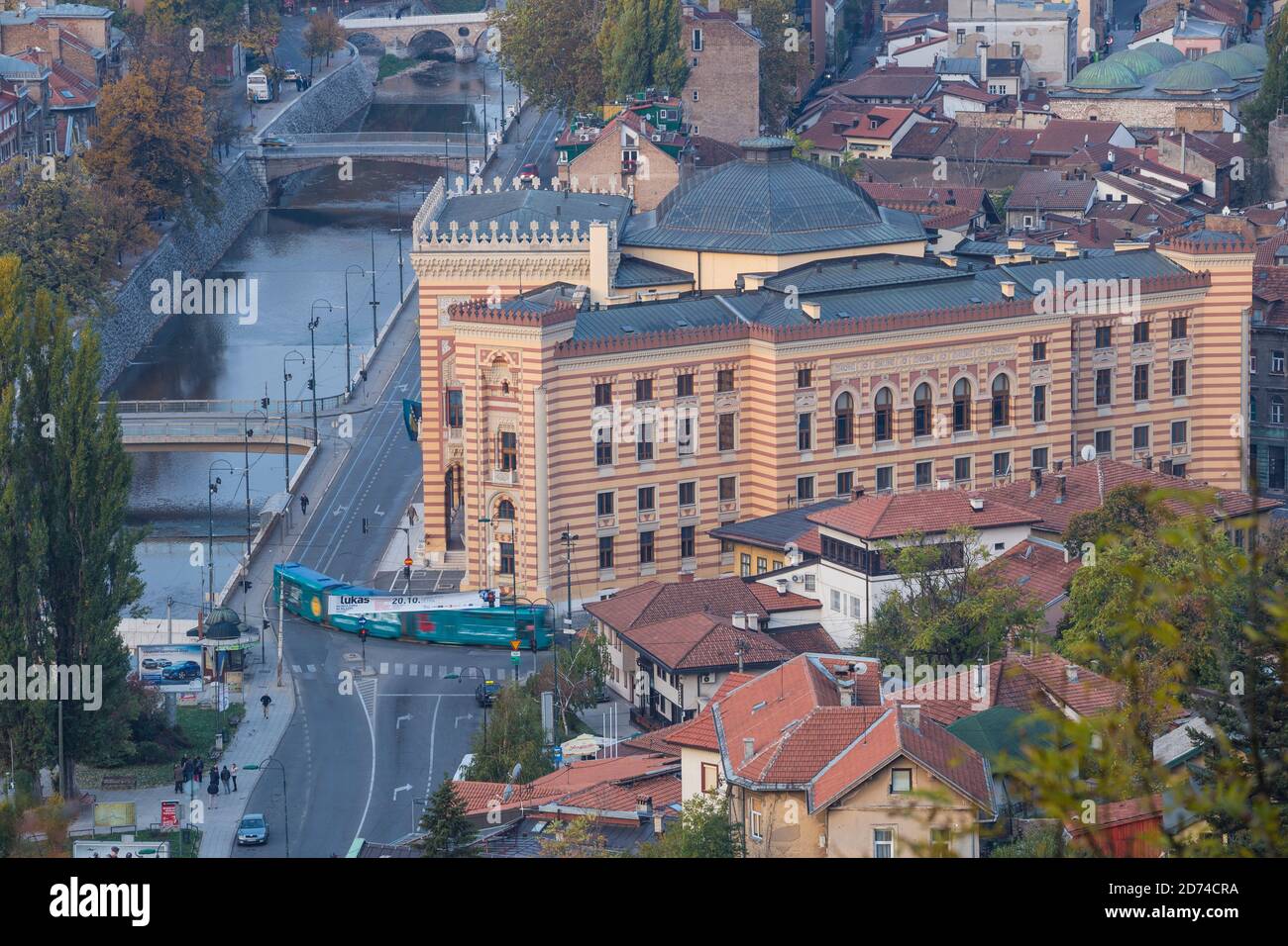 Bosnia and Herzegovina, Sarajevo, View of city and Miljacka River Stock ...