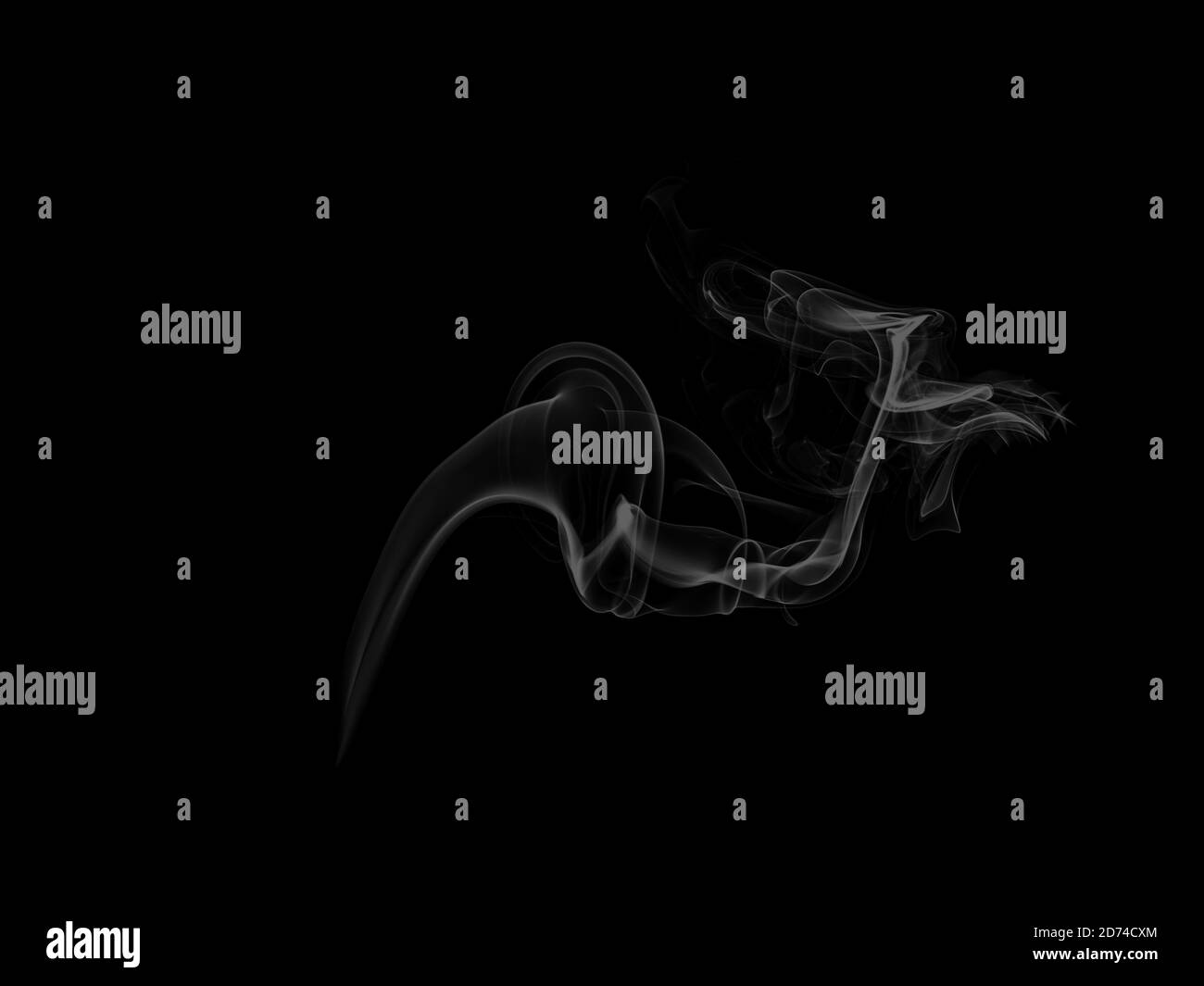 Abstract white puffs of smoke swirls overlay on black background ...