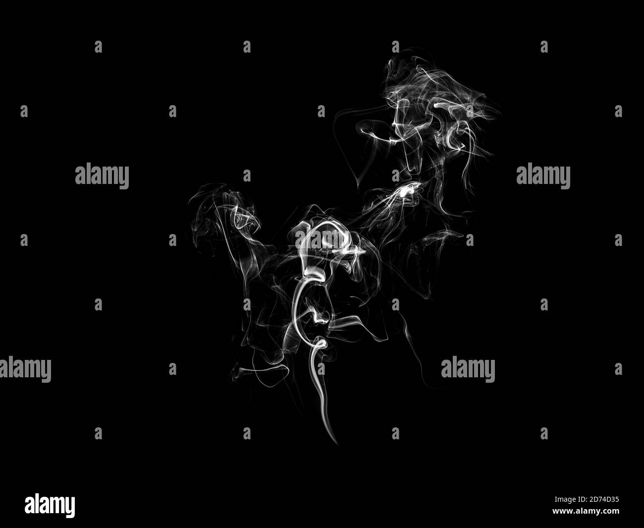 Abstract white puffs of smoke swirls overlay on black background ...