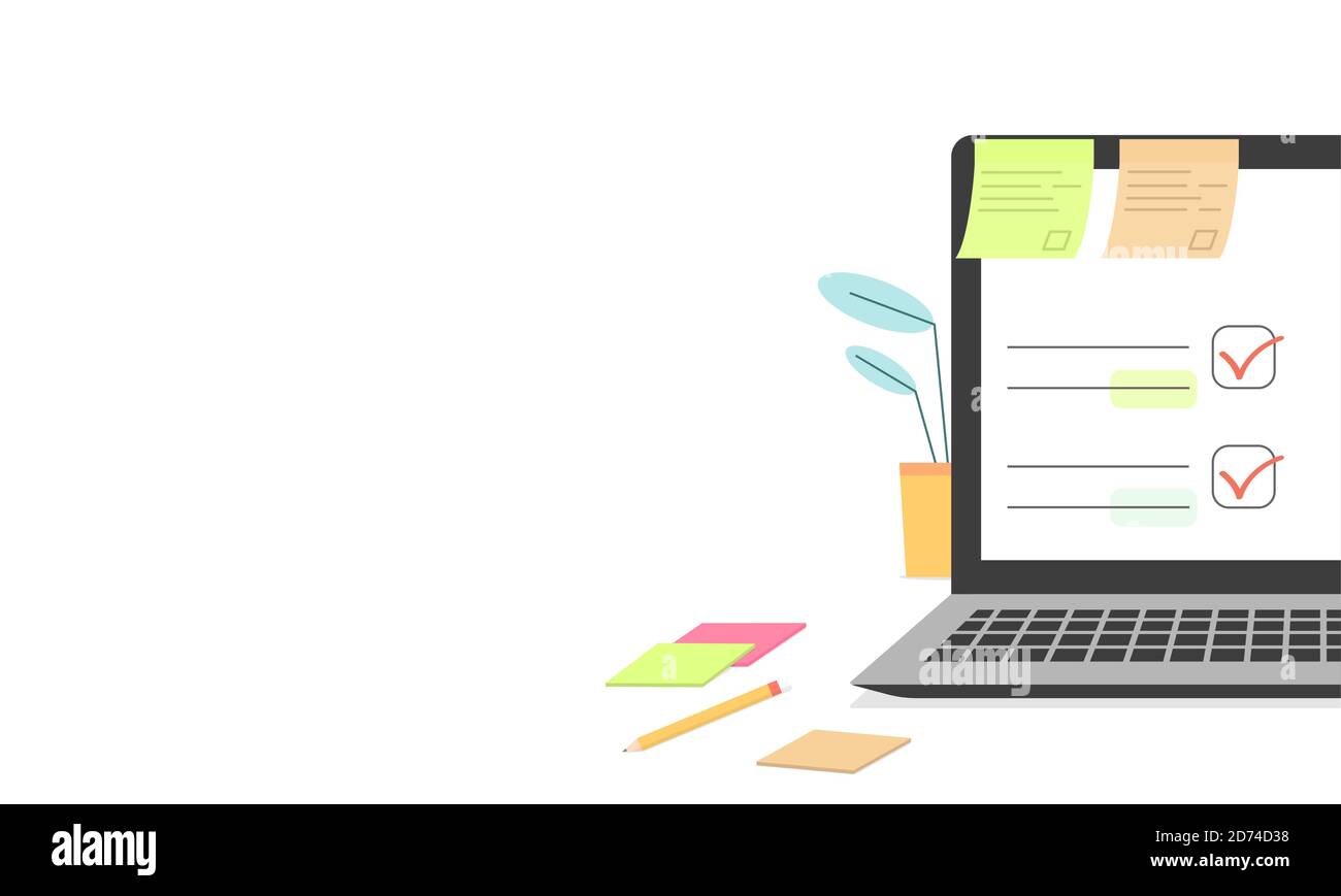 Checklist document in laptop and working desk vector. Cartoon computer ...