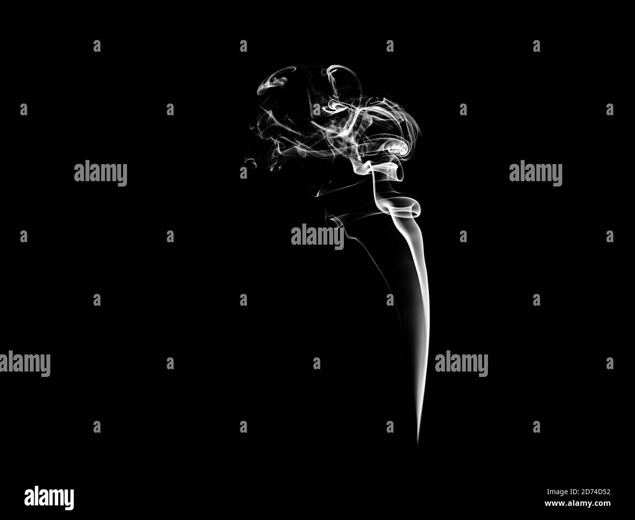 Abstract white puffs of smoke swirls overlay on black background ...