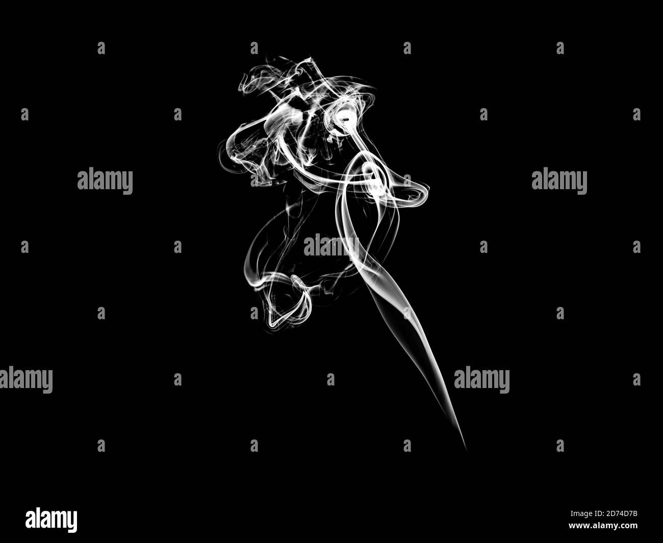 Abstract white puffs of smoke swirls overlay on black background ...