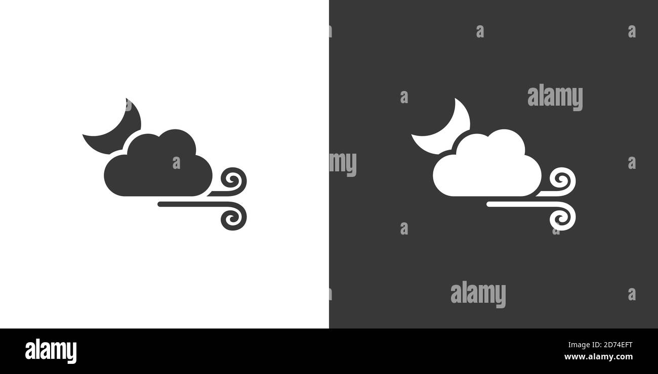 Wind, moon and cloud. Isolated icon on black and white background ...