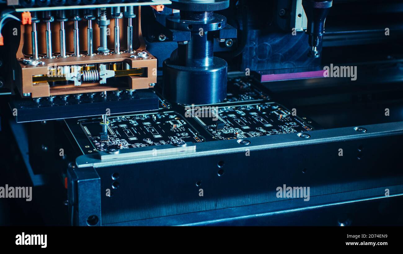 Macro Close-up Shot of Printed Circuit Board on a Factory Assembly Line ...