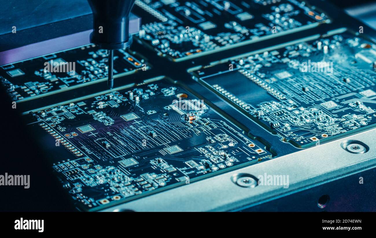 Macro Close-up Shot of Printed Circuit Board on a Factory Assembly Line ...