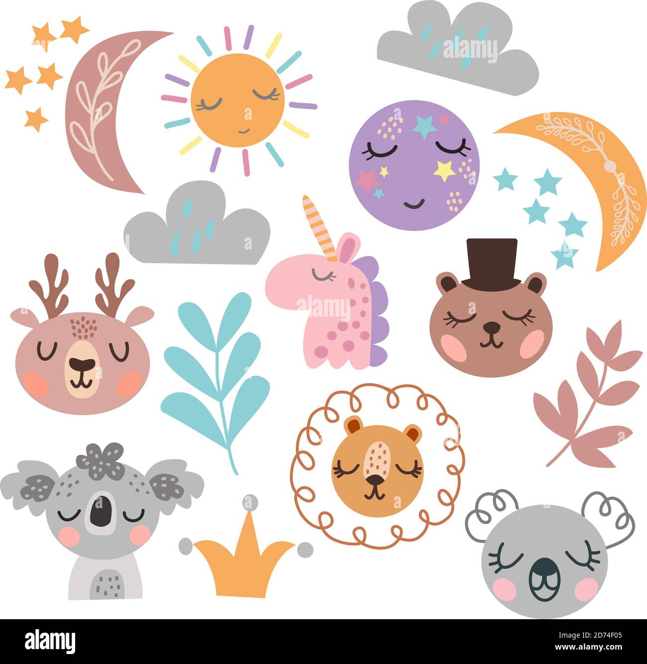 Image with a set cute faces of animals, moon, sun, clouds on a white ...