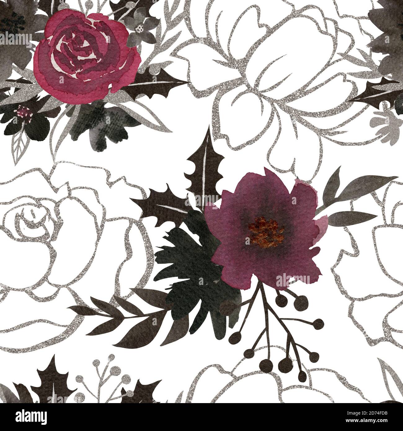 Freehand flowers on white background seamless pattern Stock Photo - Alamy