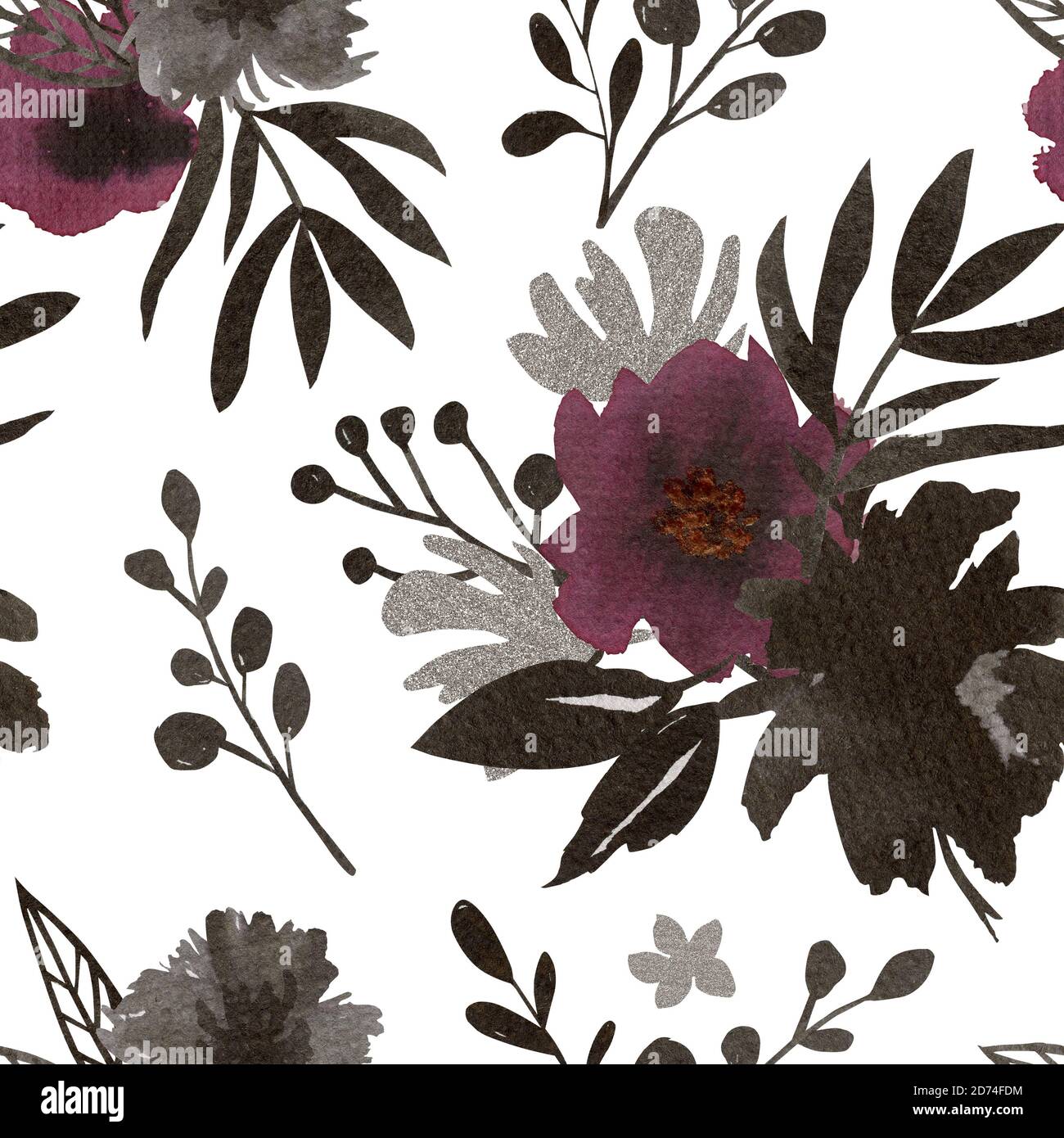 Freehand flowers on white background seamless pattern Stock Photo - Alamy